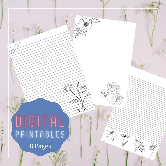 Flower Writing Paper Digital Printable Paper Sketched | Etsy
