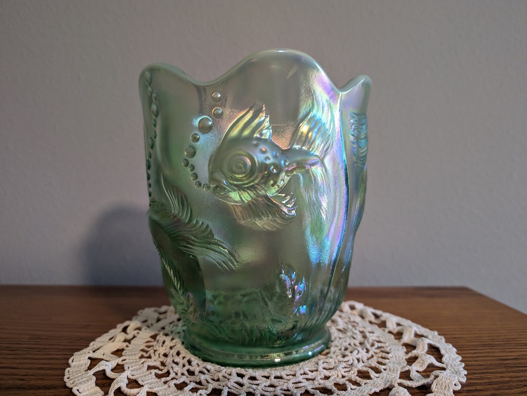 Fenton Iridescent Green Fish Vase - Etsy