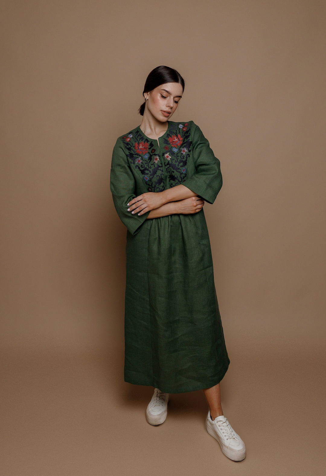 Modern Ukrainian Vyshyvanka Dress Green Linen Embroidered - Etsy