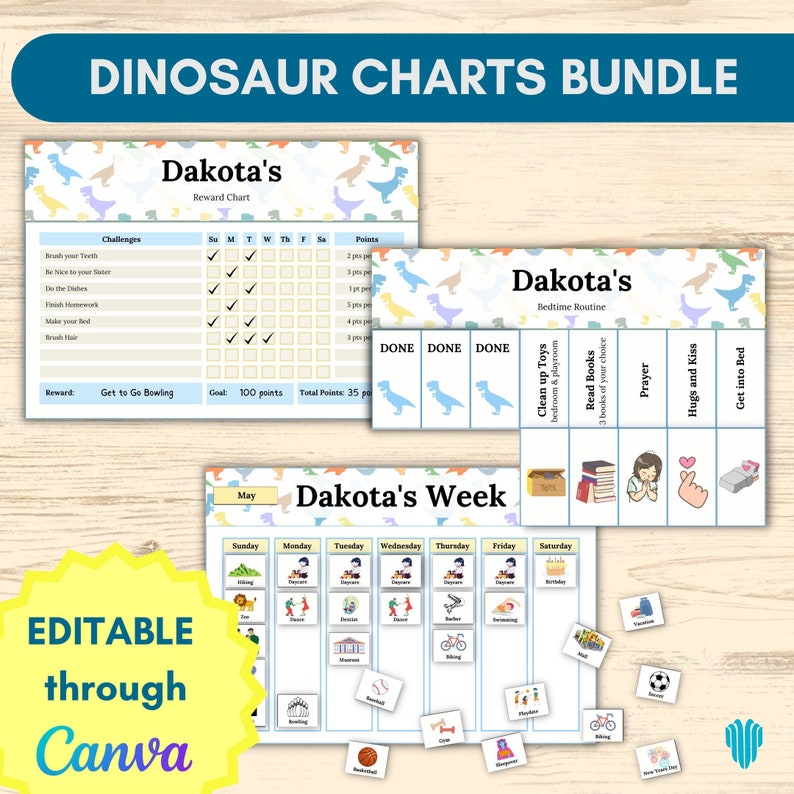 Dinosaur Bundle Printable Weekly Calendar Custom Reward - Etsy