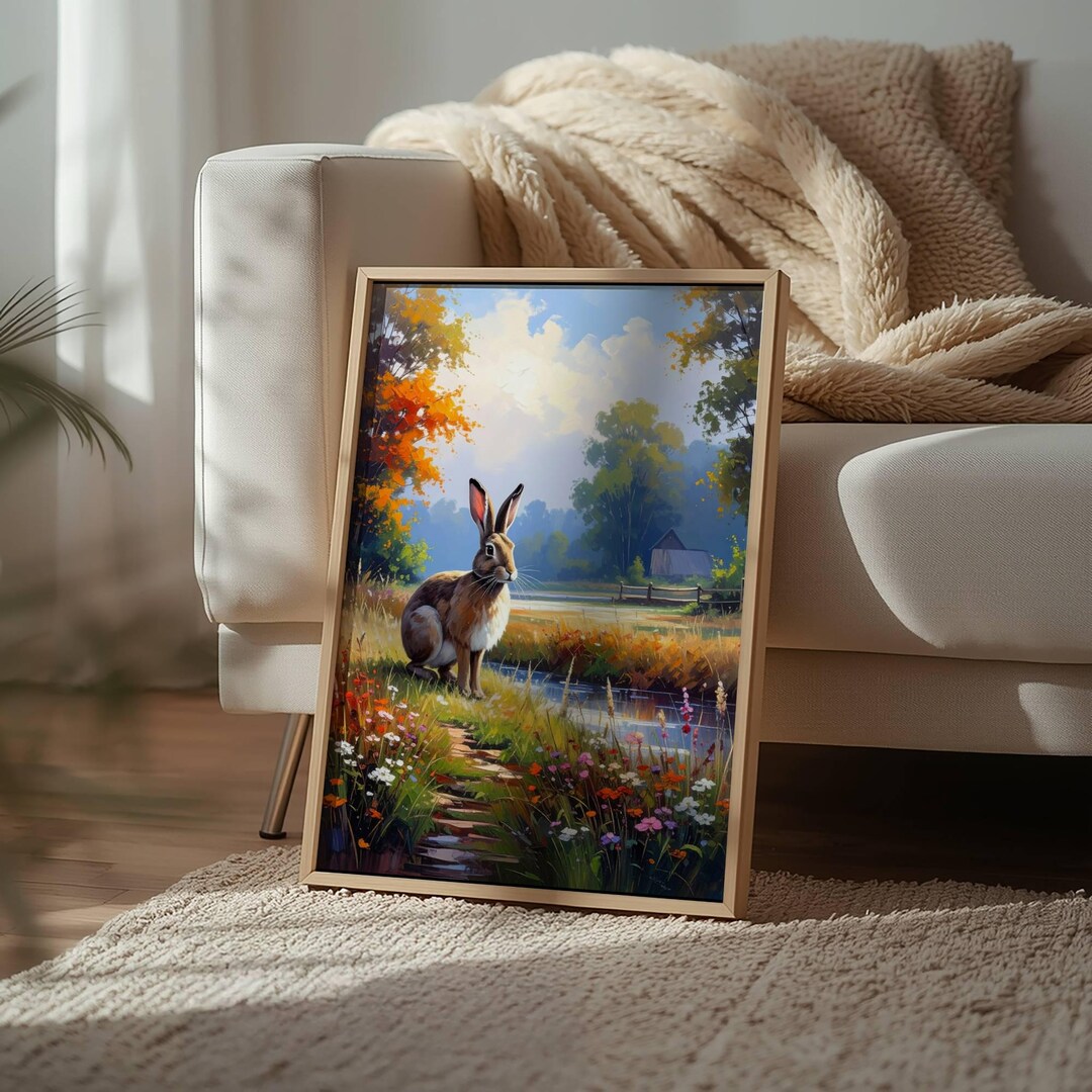 Cottagecore Rabbit Art Print: Bold Oil Painting, Countryside Floral ...