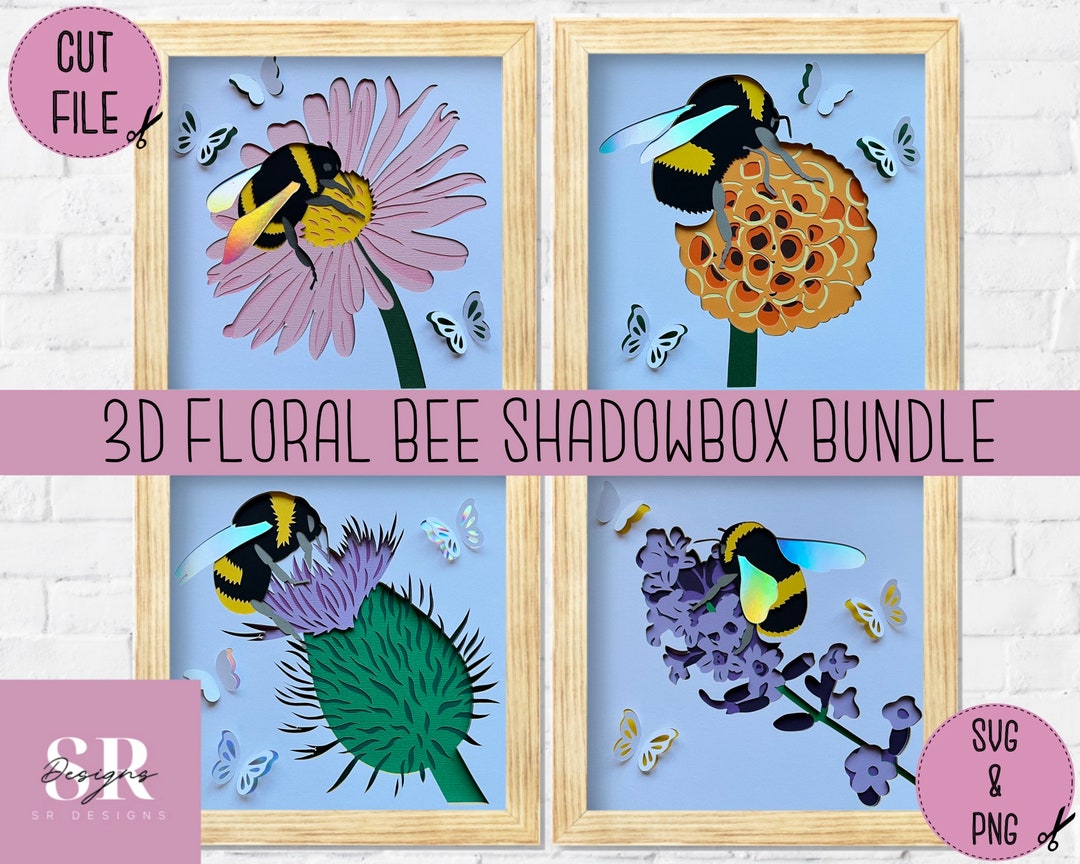 SVG: 3D Floral Bee Shadow Box Bundle. Digital Download. Paper Cutting ...