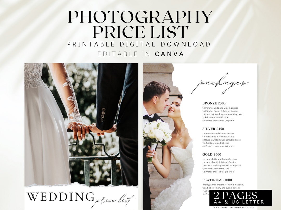 Editable Wedding Photoshoot Price List, Wedding Photography Pricing ...