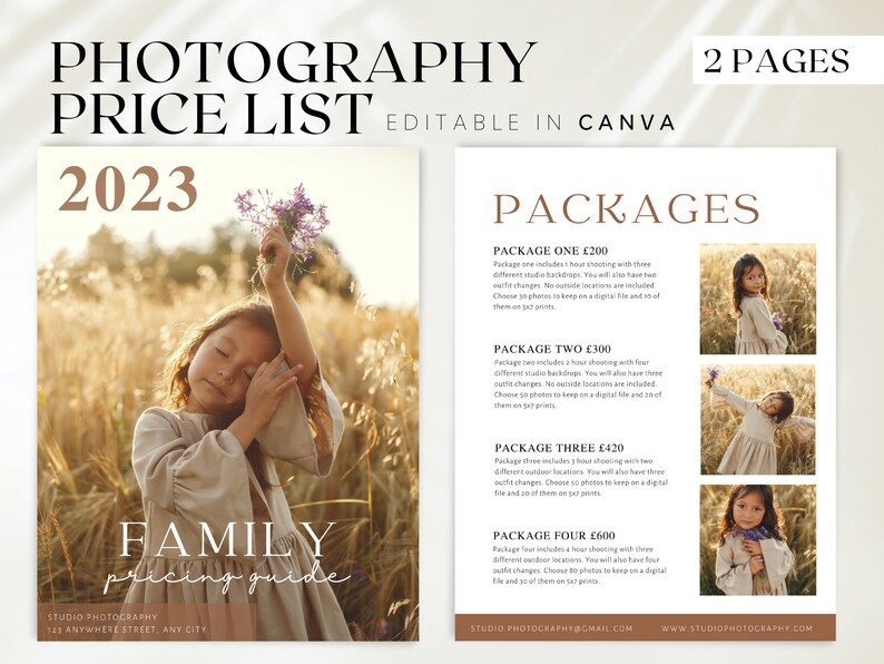 Editable Family Photoshoot Price List, Photography Pricing Guide Book ...