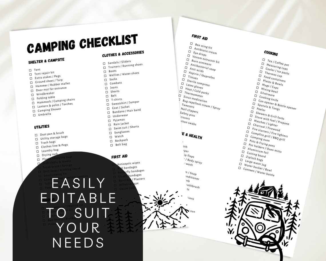 Printable Camping Checklist, Editable Travel Checklist, Camping Trip ...