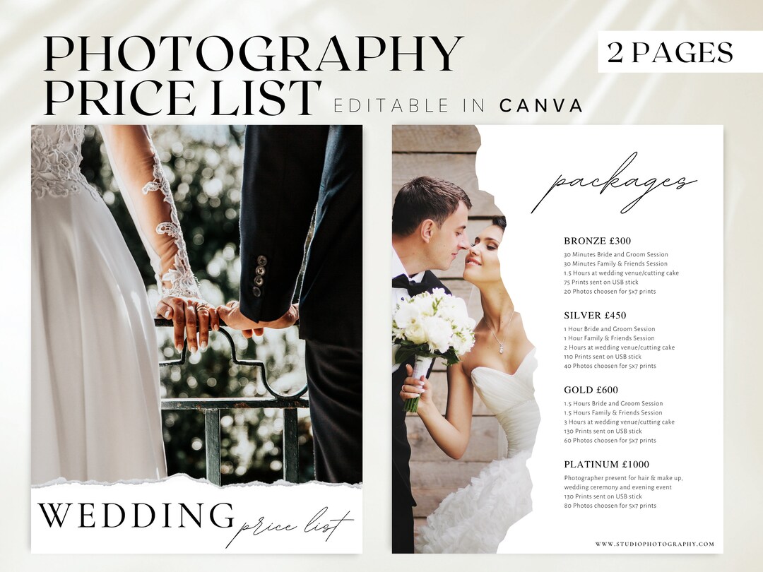 Editable Wedding Photoshoot Price List, Wedding Photography Pricing Guide, Wedding Pricing List ...