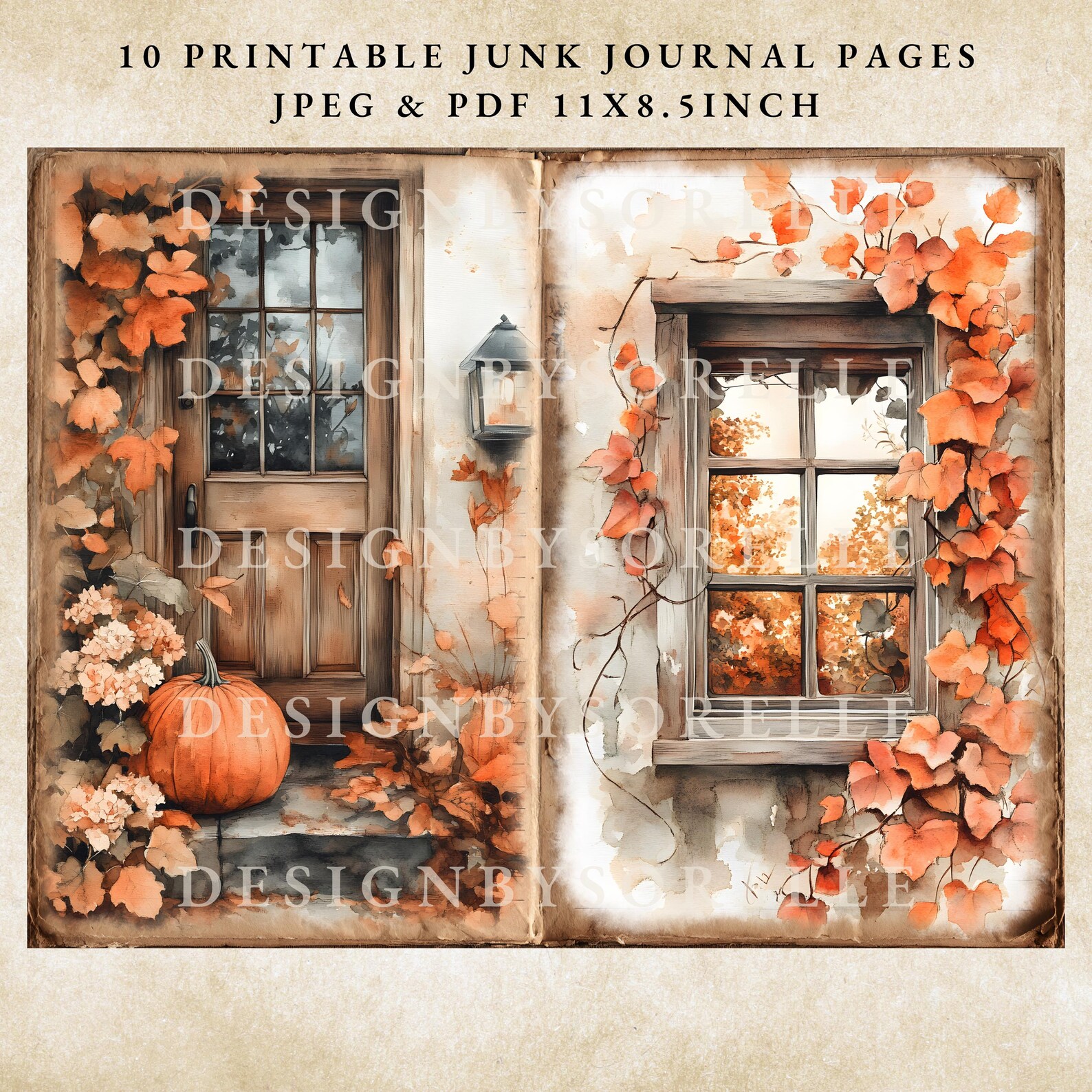 Autumn Doors Orange Junk Journal Page Kit, Fall Windows Scrapbook ...