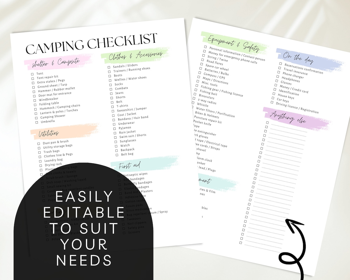 Printable Camping Checklist, Editable Travel Checklist, Camping Trip ...