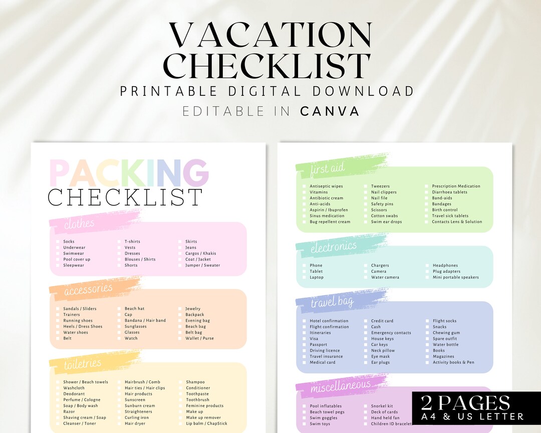 Printable Beach Vacation Checklist, Editable Travel Checklist, Vacation ...