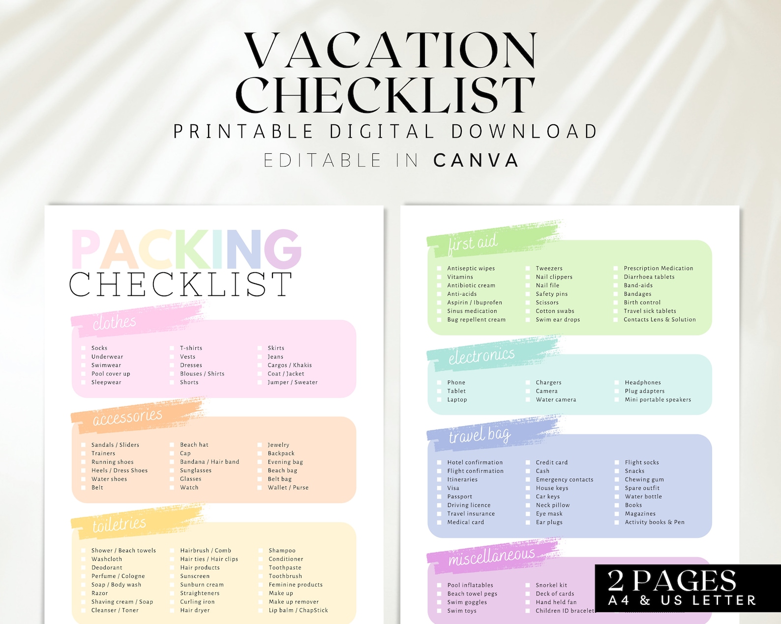 Printable Beach Vacation Checklist, Editable Travel Checklist, Vacation ...