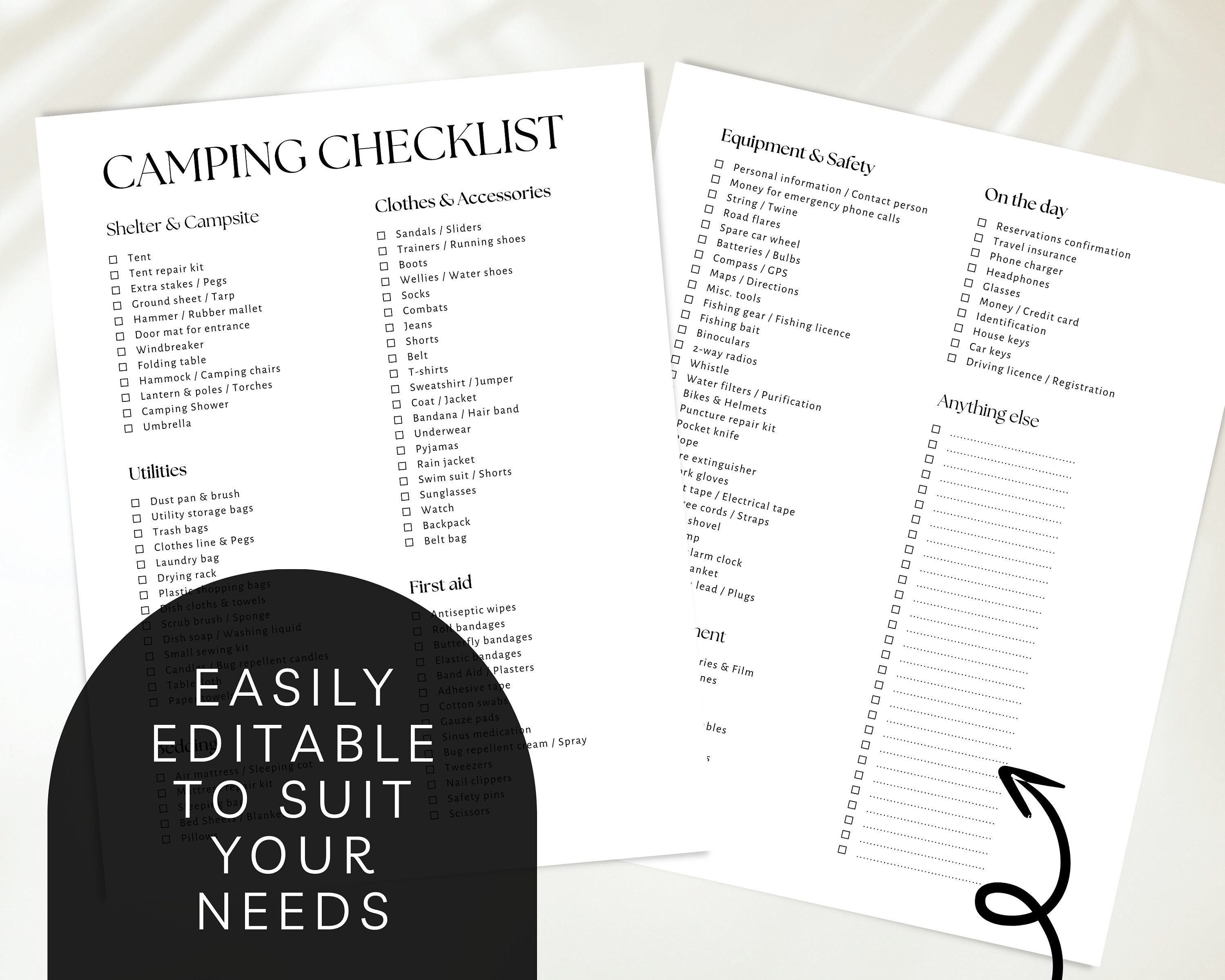 Printable Camping Checklist, Editable Travel Checklist, Camping Trip ...