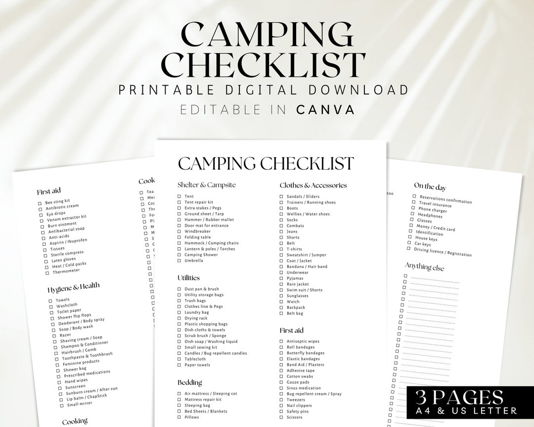 Printable Camping Checklist, Editable Travel Checklist, Camping Trip ...