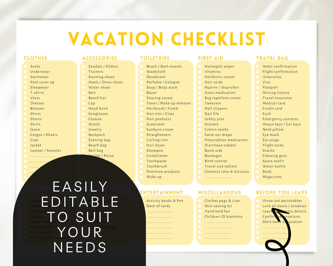 Printable Beach Vacation Checklist, Editable Travel Checklist, Vacation ...