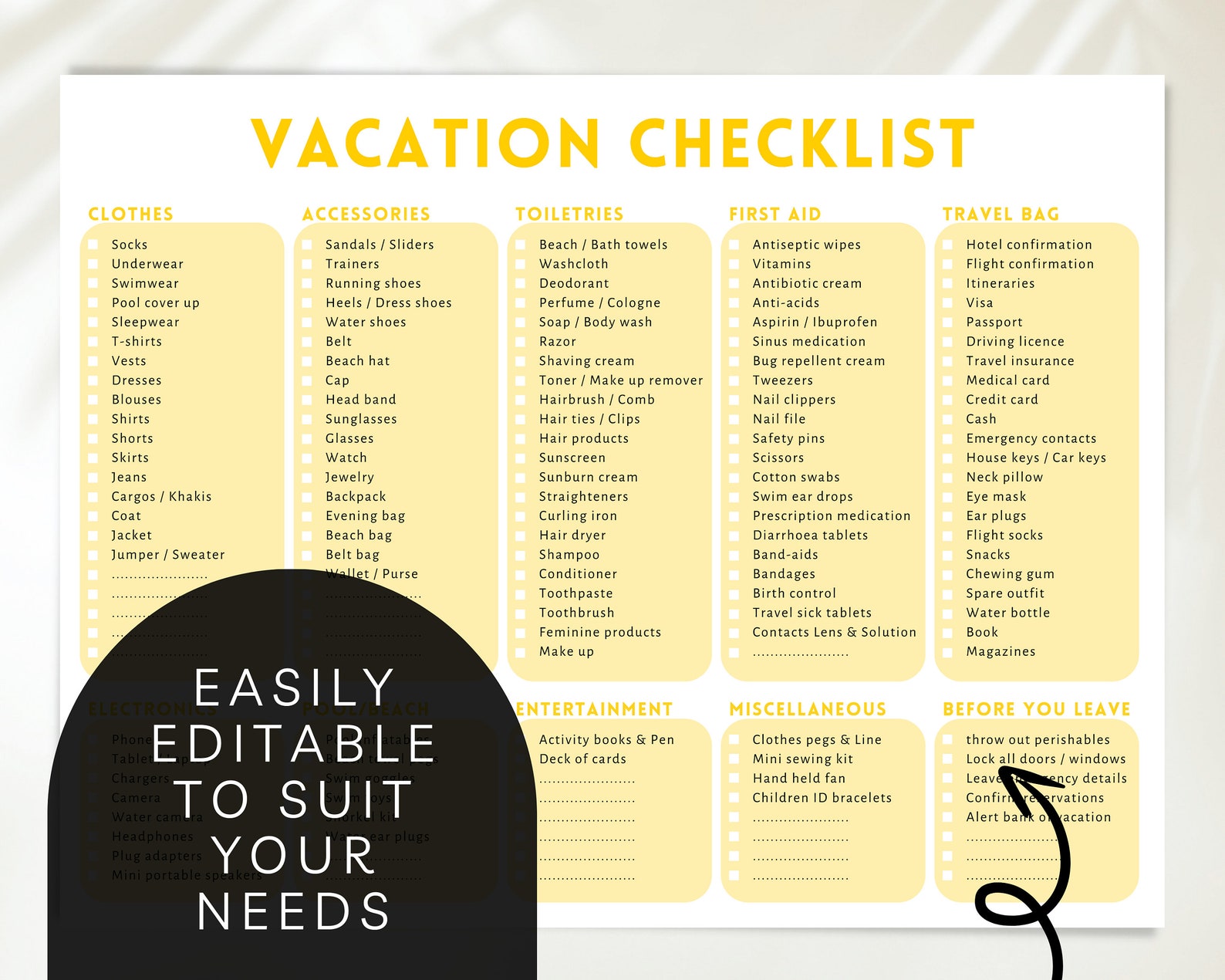 Printable Beach Vacation Checklist, Editable Travel Checklist, Vacation ...