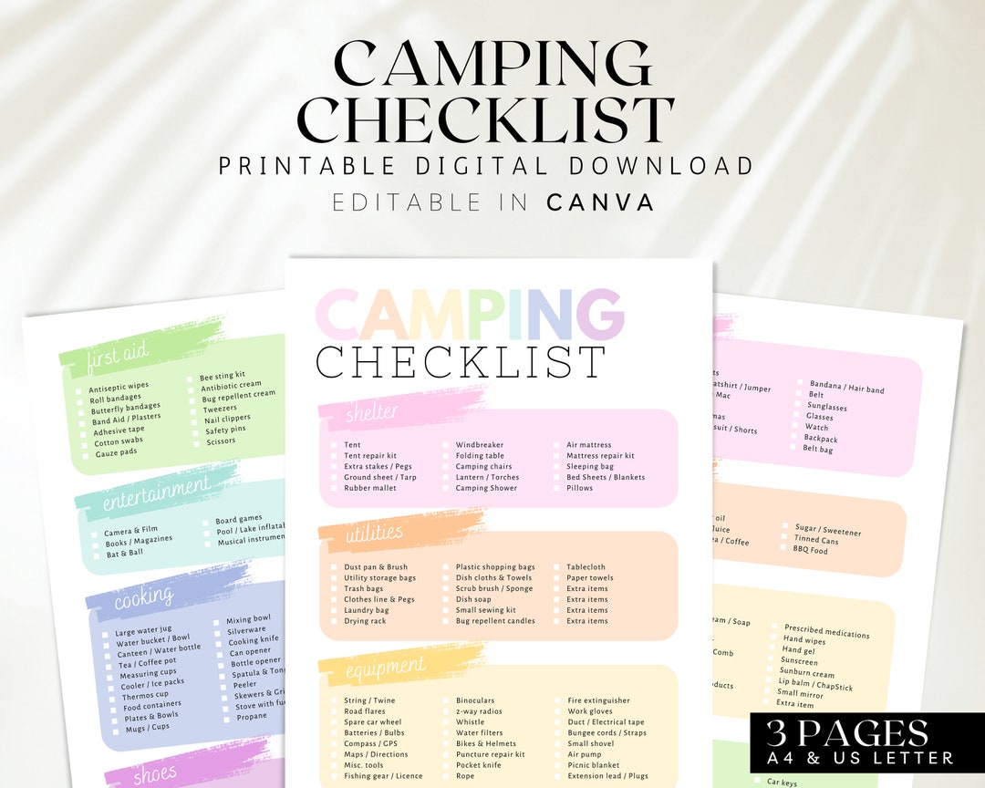 Printable Camping Checklist, Editable Travel Checklist, Camping Trip ...