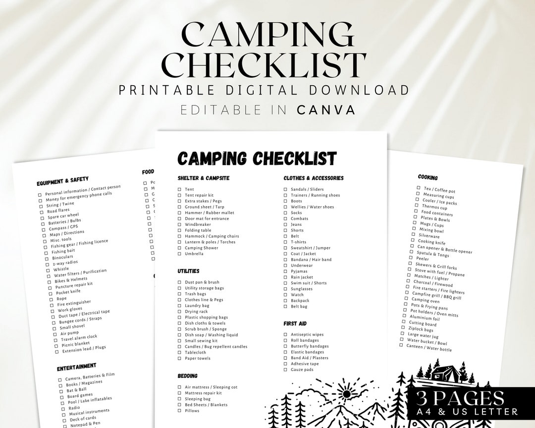 Printable Camping Checklist, Editable Travel Checklist, Camping Trip ...