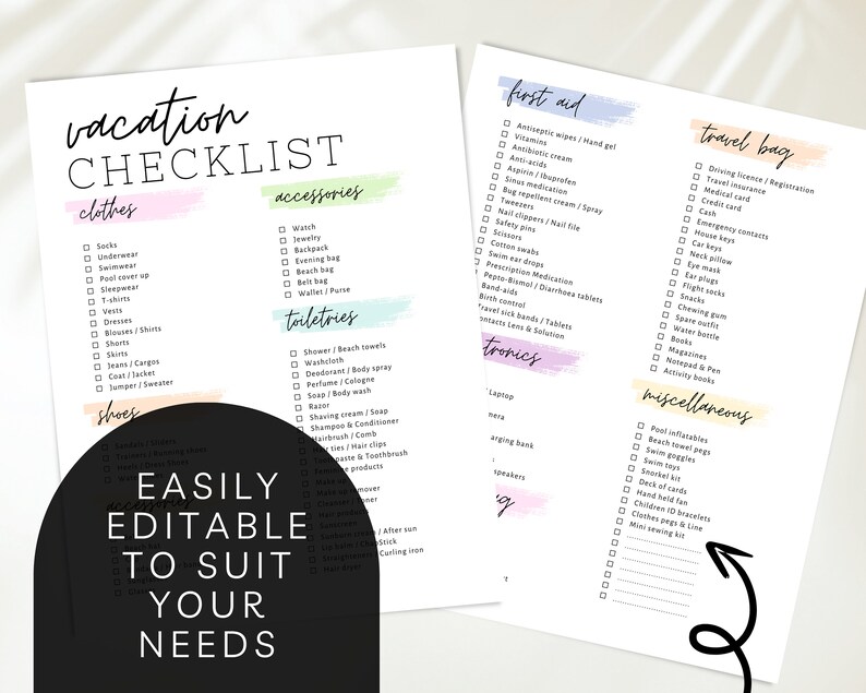 Printable Beach Vacation Checklist, Editable Travel Checklist, Vacation ...