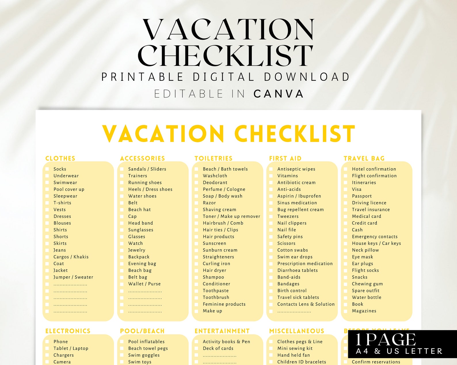 Printable Beach Vacation Checklist, Editable Travel Checklist, Vacation ...