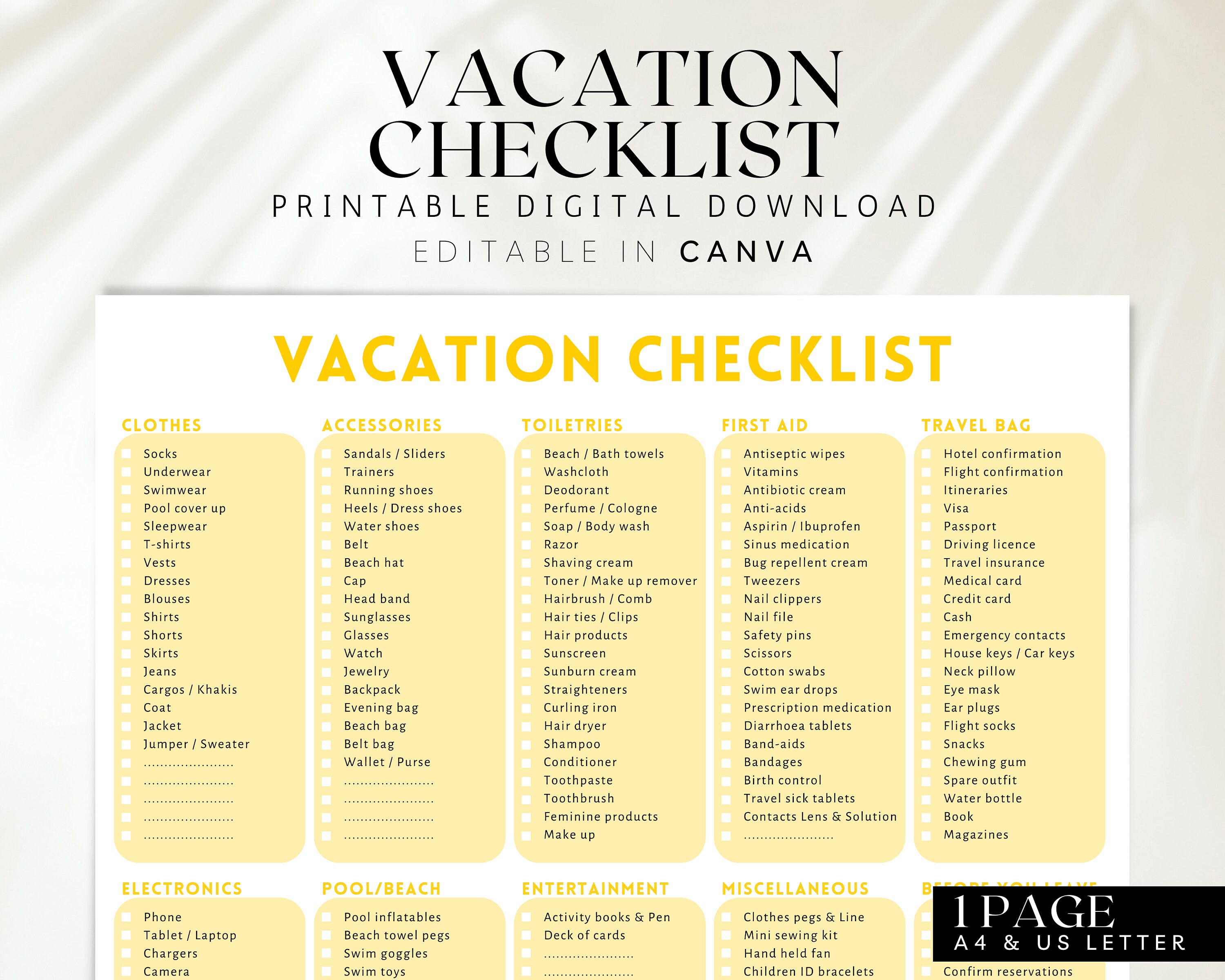 Printable Beach Vacation Checklist, Editable Travel Checklist, Vacation ...
