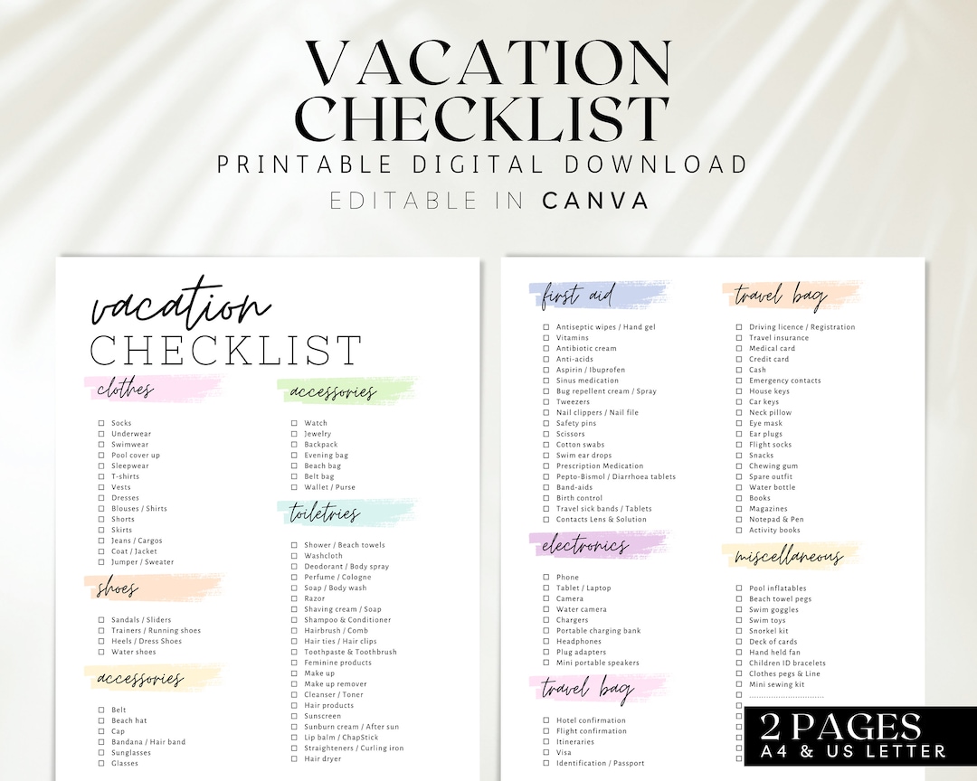 Printable Beach Vacation Checklist, Editable Travel Checklist, Vacation ...