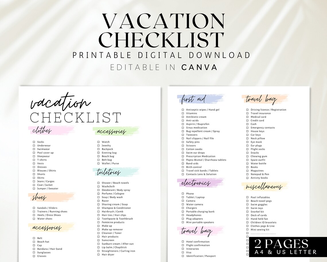 Printable Beach Vacation Checklist, Editable Travel Checklist, Vacation ...