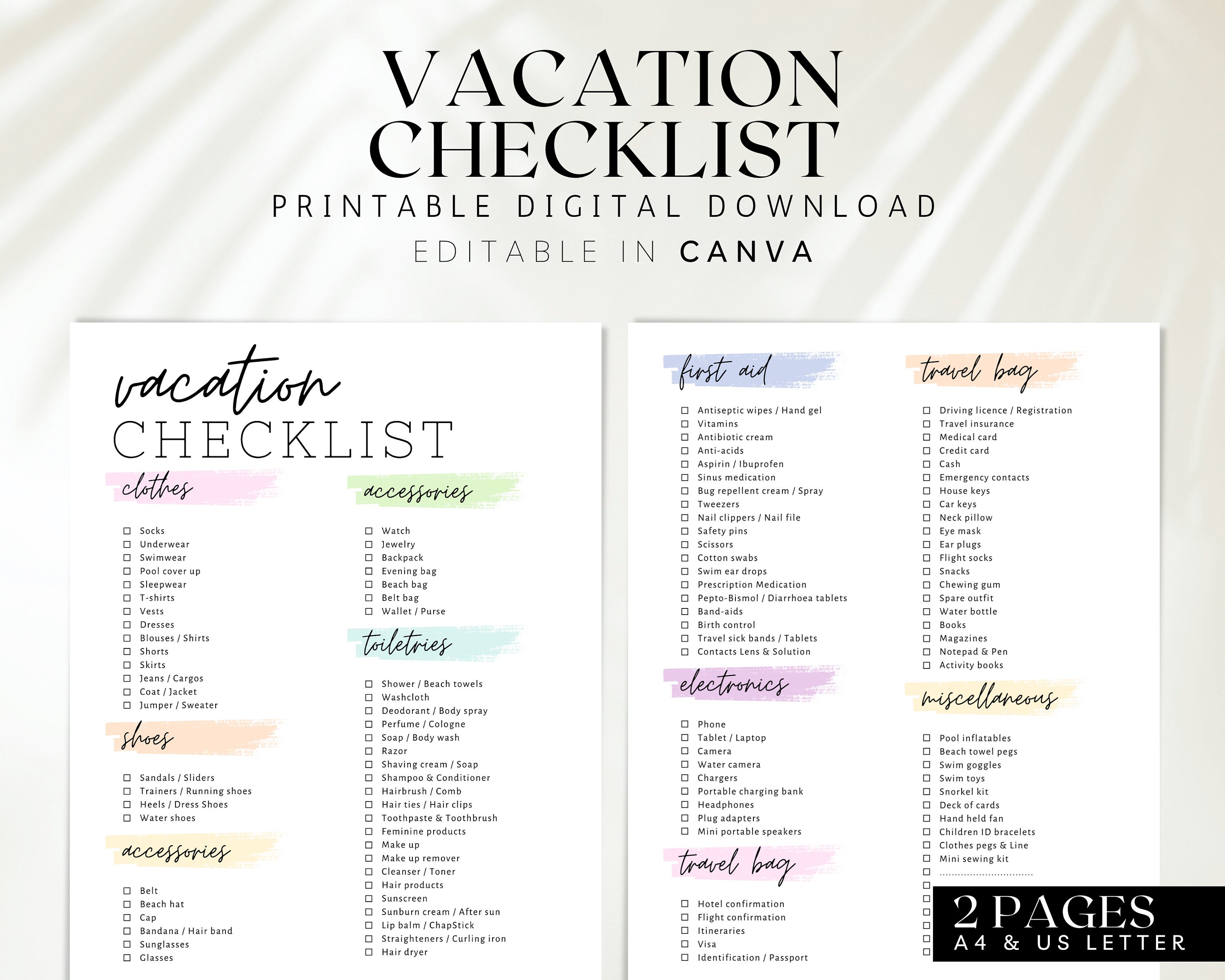 Printable Beach Vacation Checklist, Editable Travel Checklist, Vacation ...
