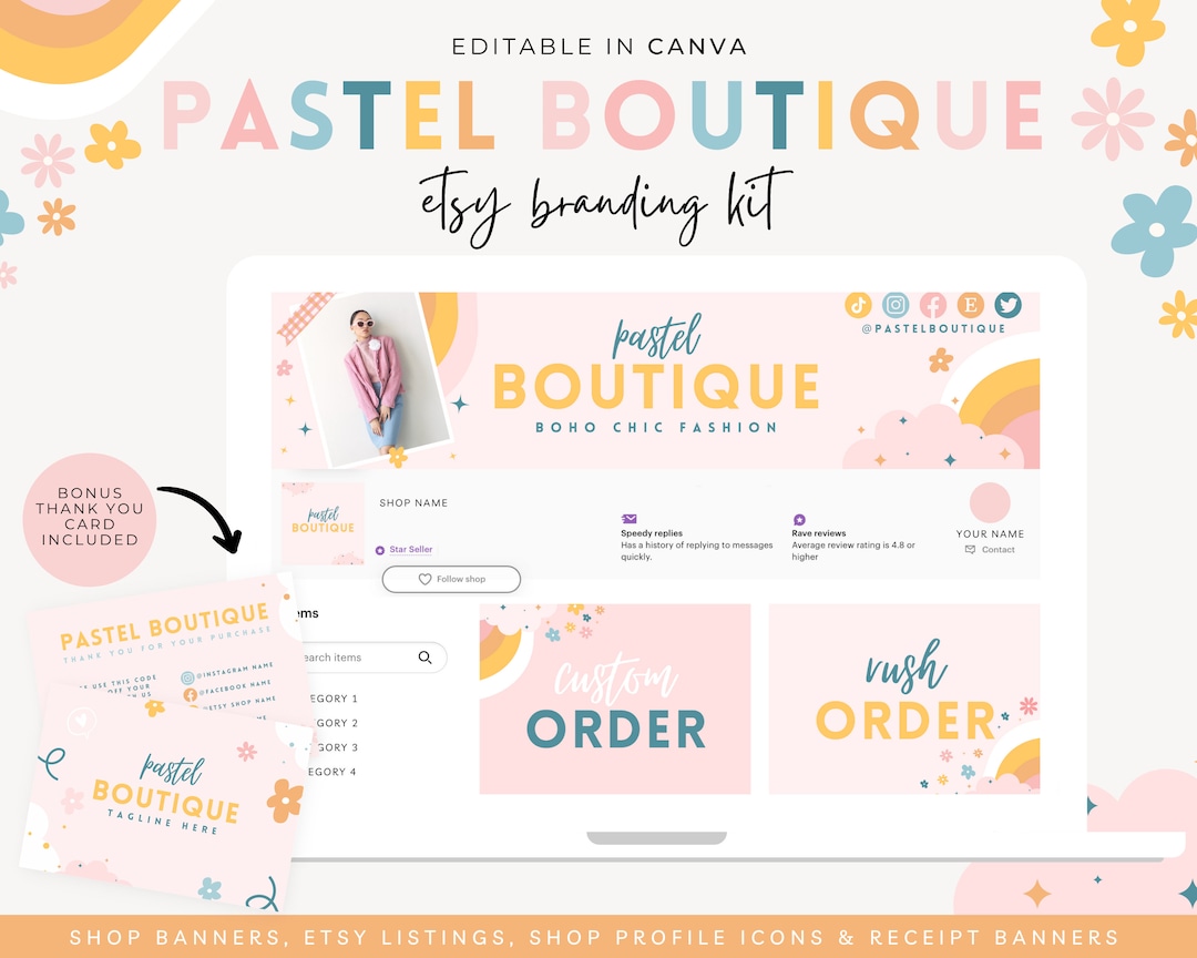 Etsy Shop Branding Kit, Etsy Pastel Branding Pack, Thank You Card, Etsy ...