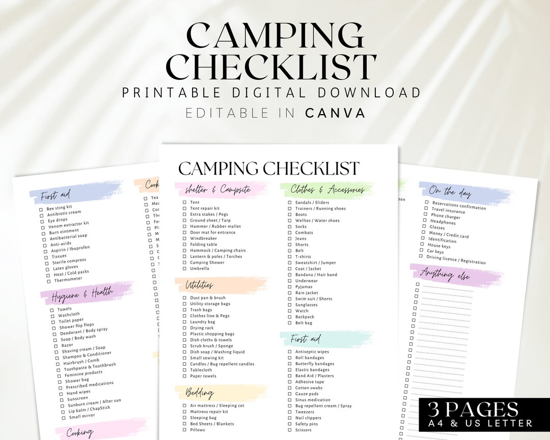Printable Camping Checklist, Editable Travel Checklist, Camping Trip ...