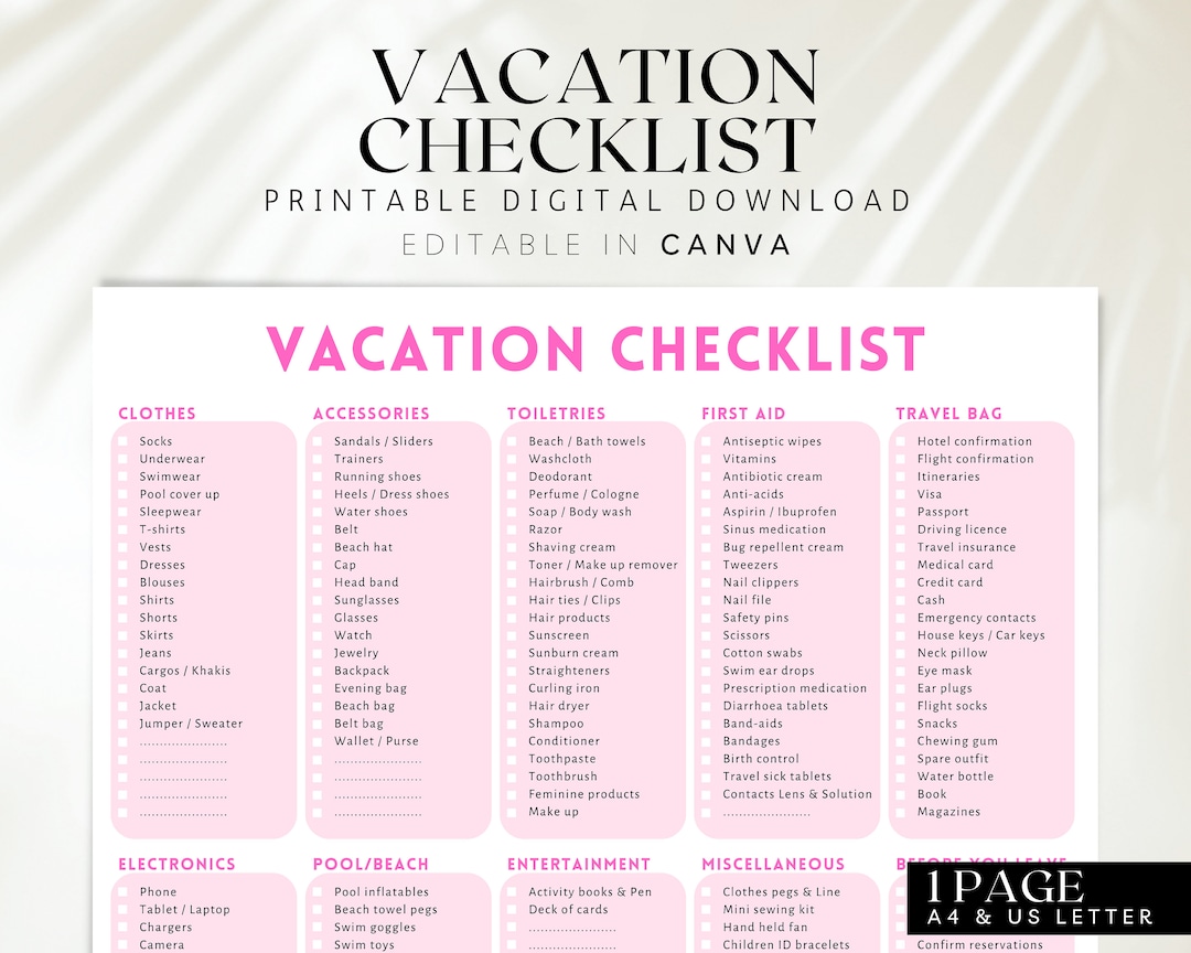 Printable Beach Vacation Checklist, Editable Travel Checklist, Vacation ...