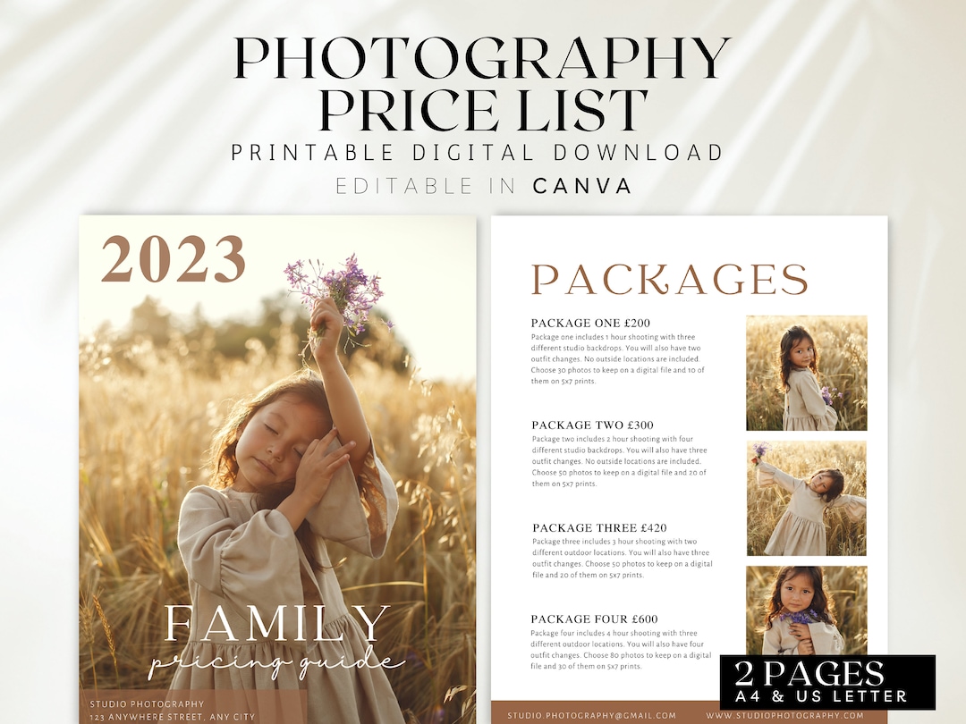 Editable Family Photoshoot Price List, Photography Pricing Guide Book ...