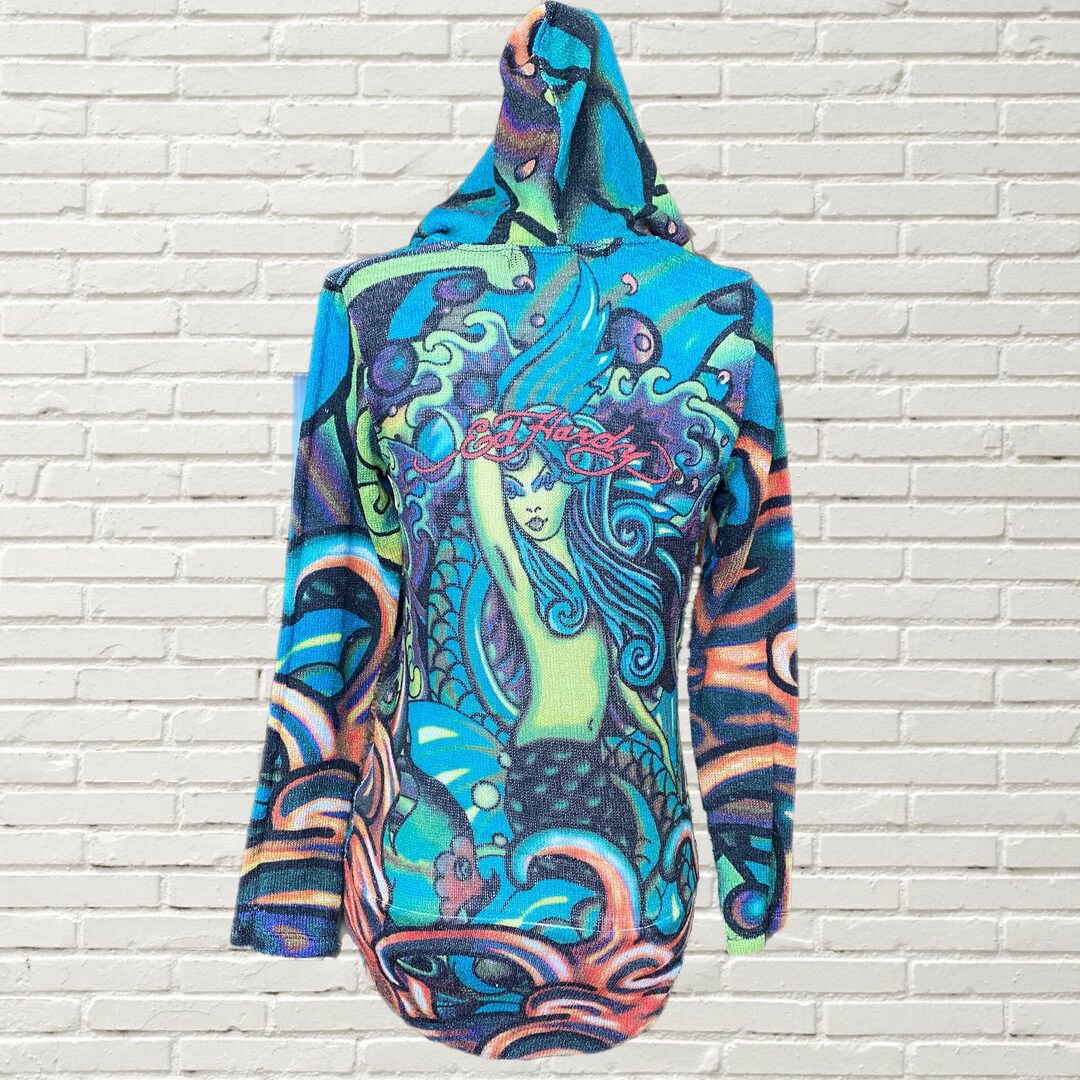 Vintage 90s - Y2K Ed Hardy Mermaid Print Sweatshirt - Hooded All Over ...