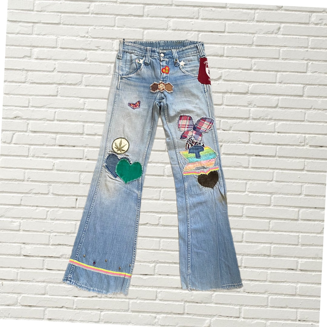 Vintage 60s/70s Patchwork Flare Jeans – Mushroom, Butterfly Patches (S ...