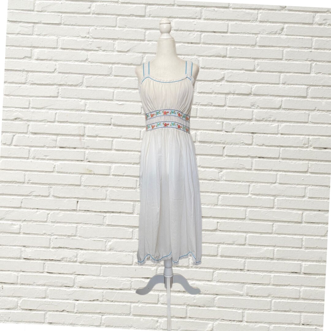 Vintage 50s Slip Dress White Cotton Slip Floral Embroidery Scalloped Hem S Etsy