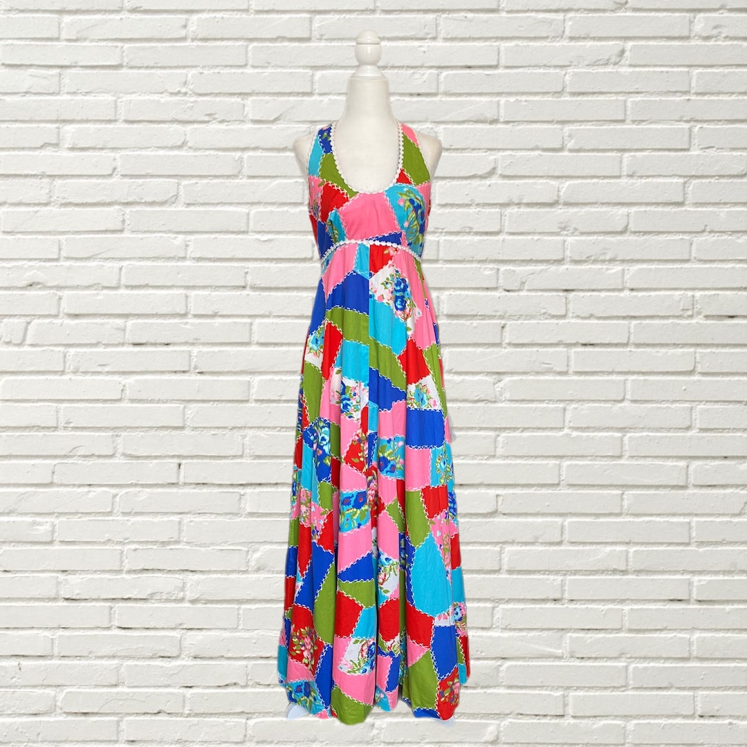 Vintage 70s Patchwork Print Maxi Dress - Multicolor Bright - Lace Trim ...