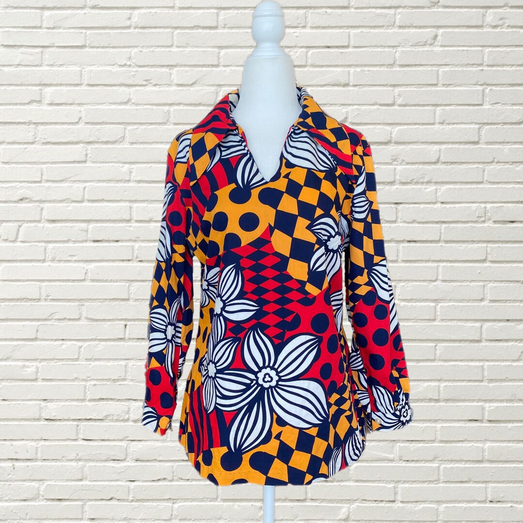 Vintage 60s Mod Novelty Floral Print Collared Shirt - Multi Print ...
