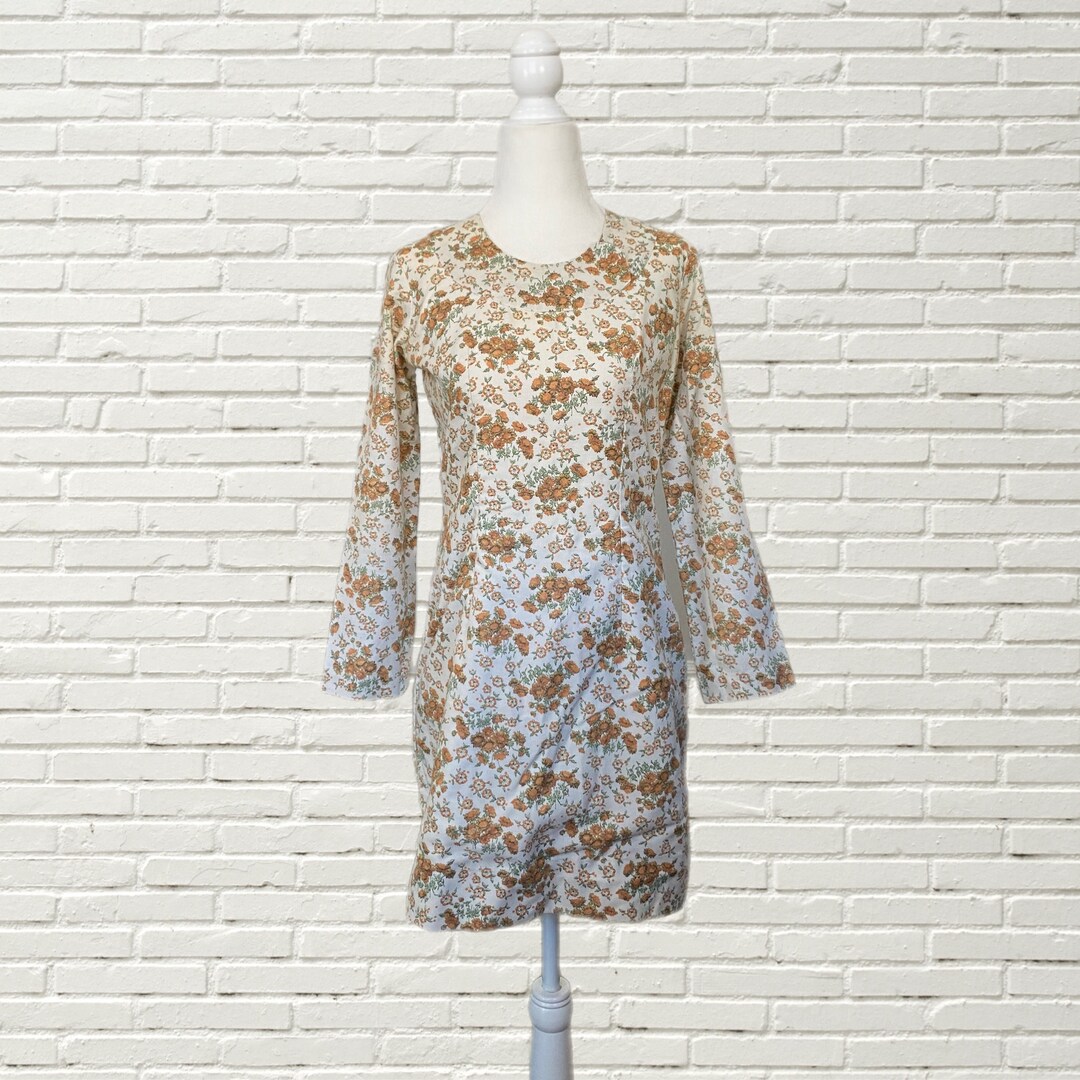 Vintage 60s 70s Mini Dress - Fall Floral Print - Cream Orange - Long ...