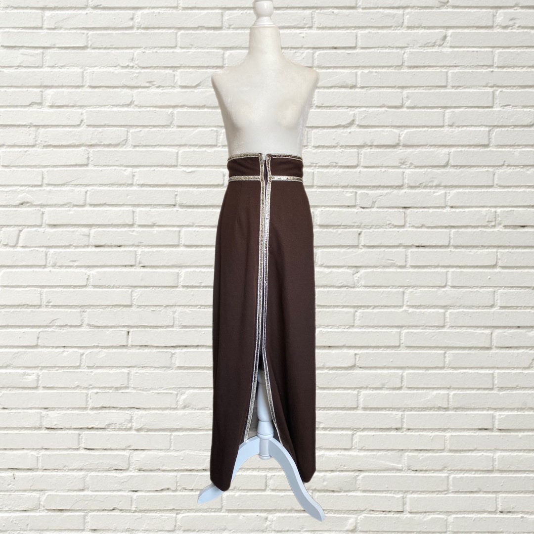 Vintage 60s Mod Maxi Skirt - Brown Wool Blend With Gold Sequin Trim, XS ...