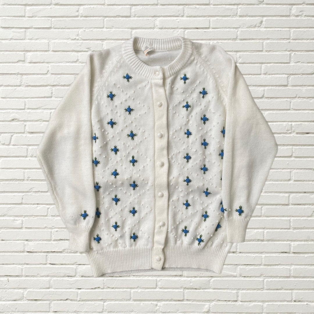 Vintage 70s Cardigan Sweater- White Cardigan W Blue Floral Embroidery ...