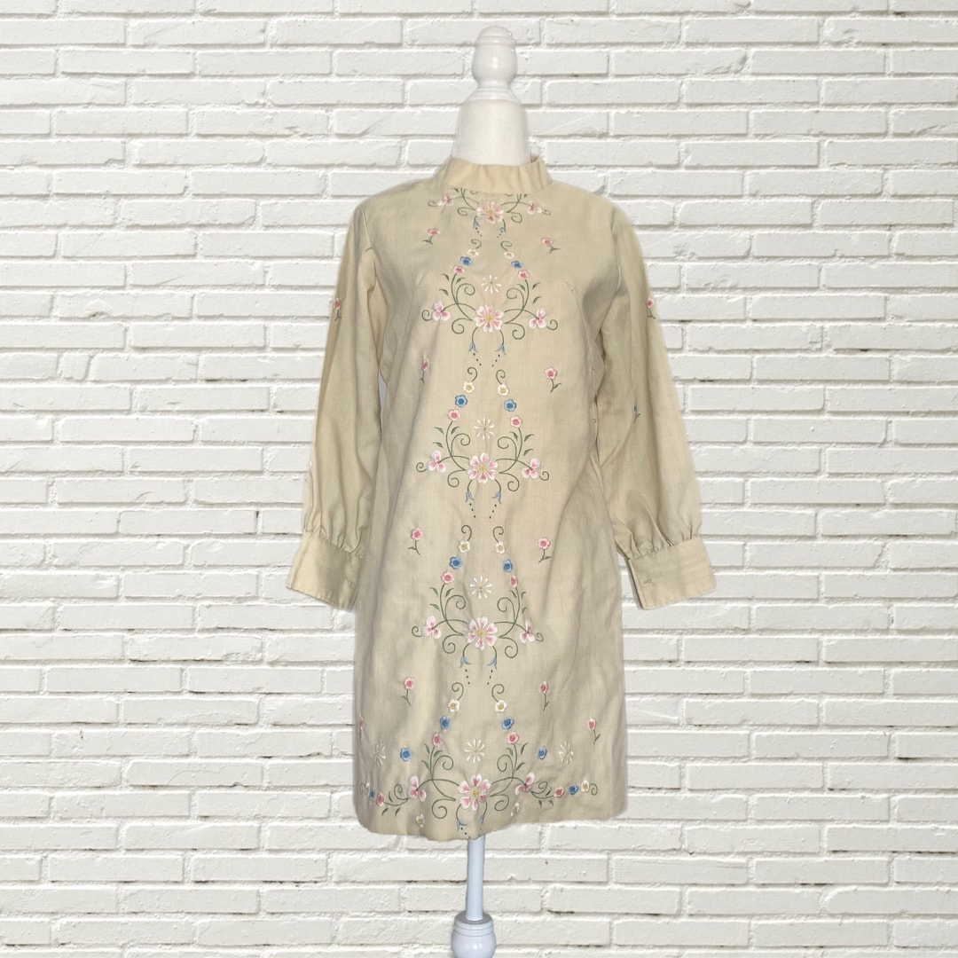 Vintage 60s 70s Mini Dress - Cream Floral Embroidered Long Sleeve ...