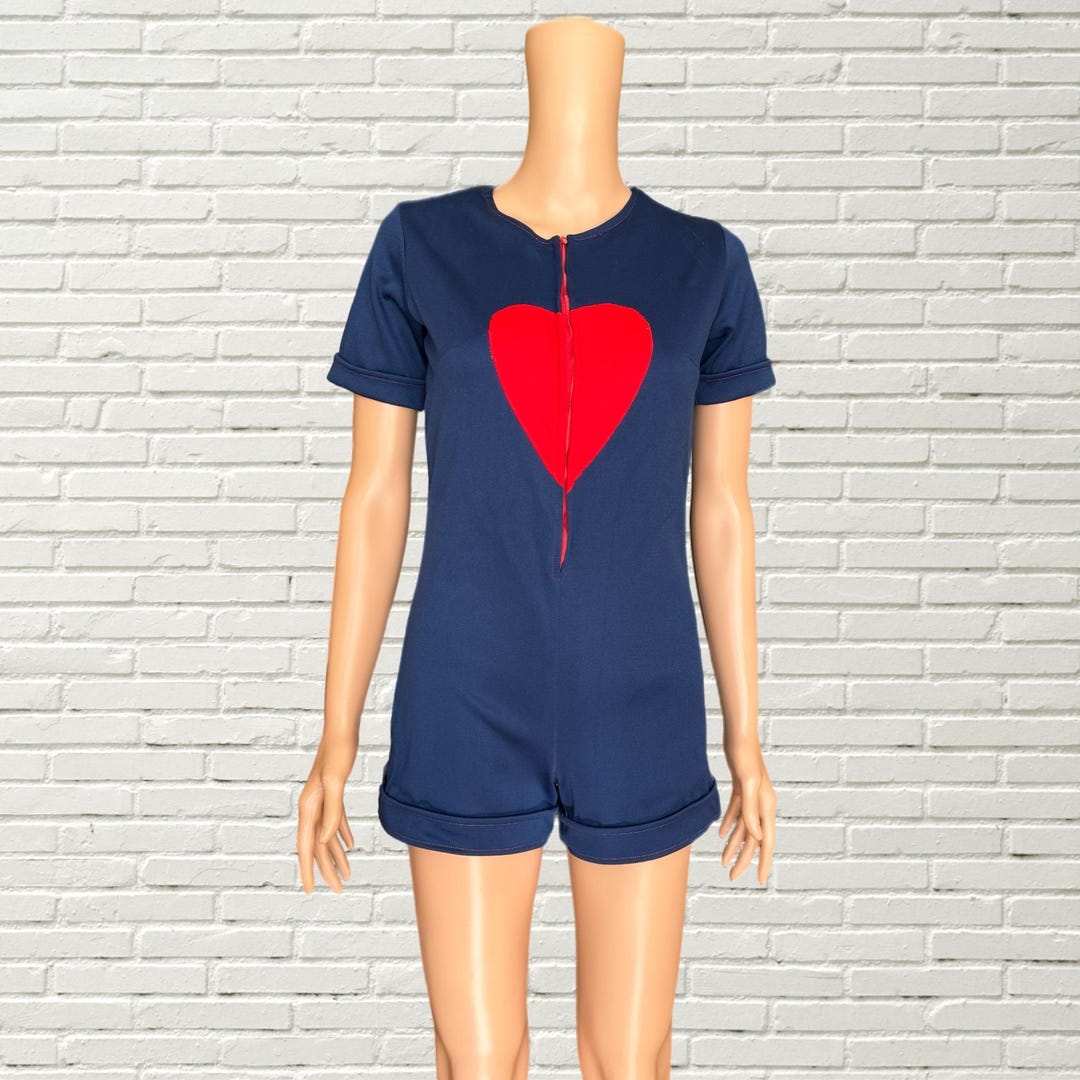 Vintage 70s Heart Print Romper - Blue W Red Heart Novlety Print - Xs/s ...
