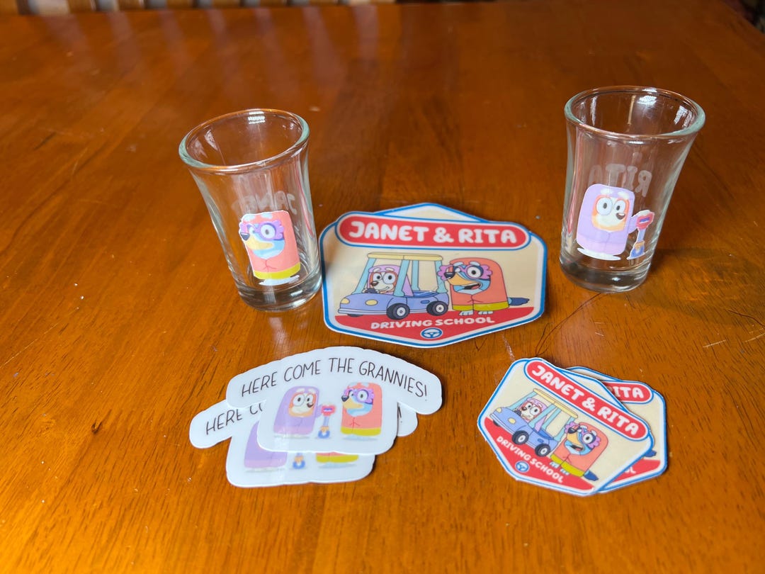Bluey Shot Glass - Janet and Rita 2 Shot Glass - Sticker Set - Etsy