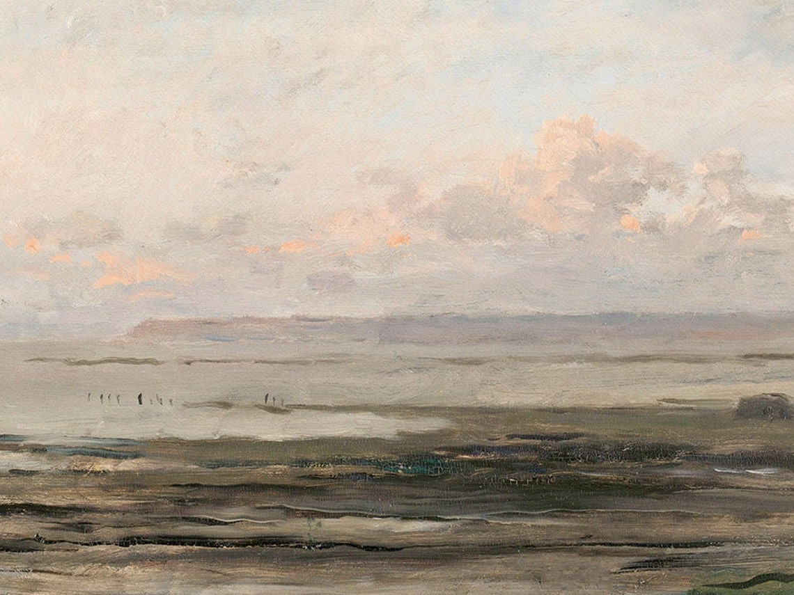 Hazy Beach Vintage Oil Painting Low Tide Coastal Wall Art | Etsy