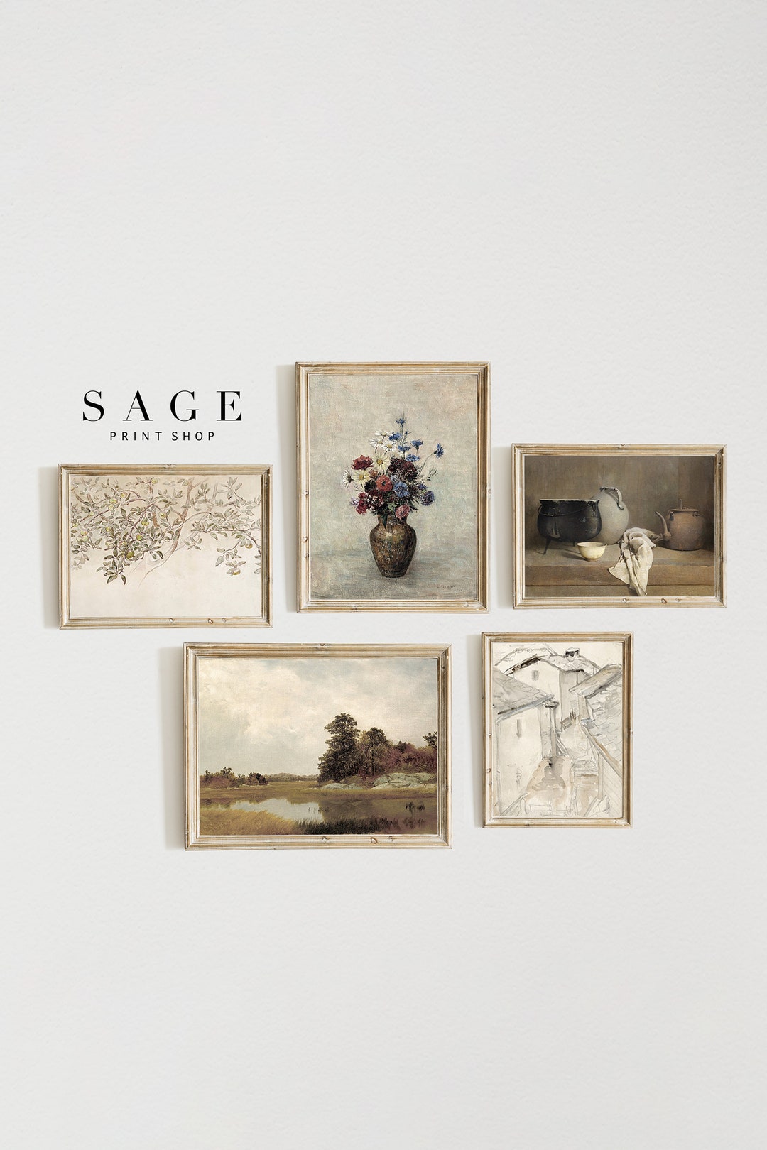 Neutral Gallery Wall Set | Vintage Printable Art Set of 5 - Etsy