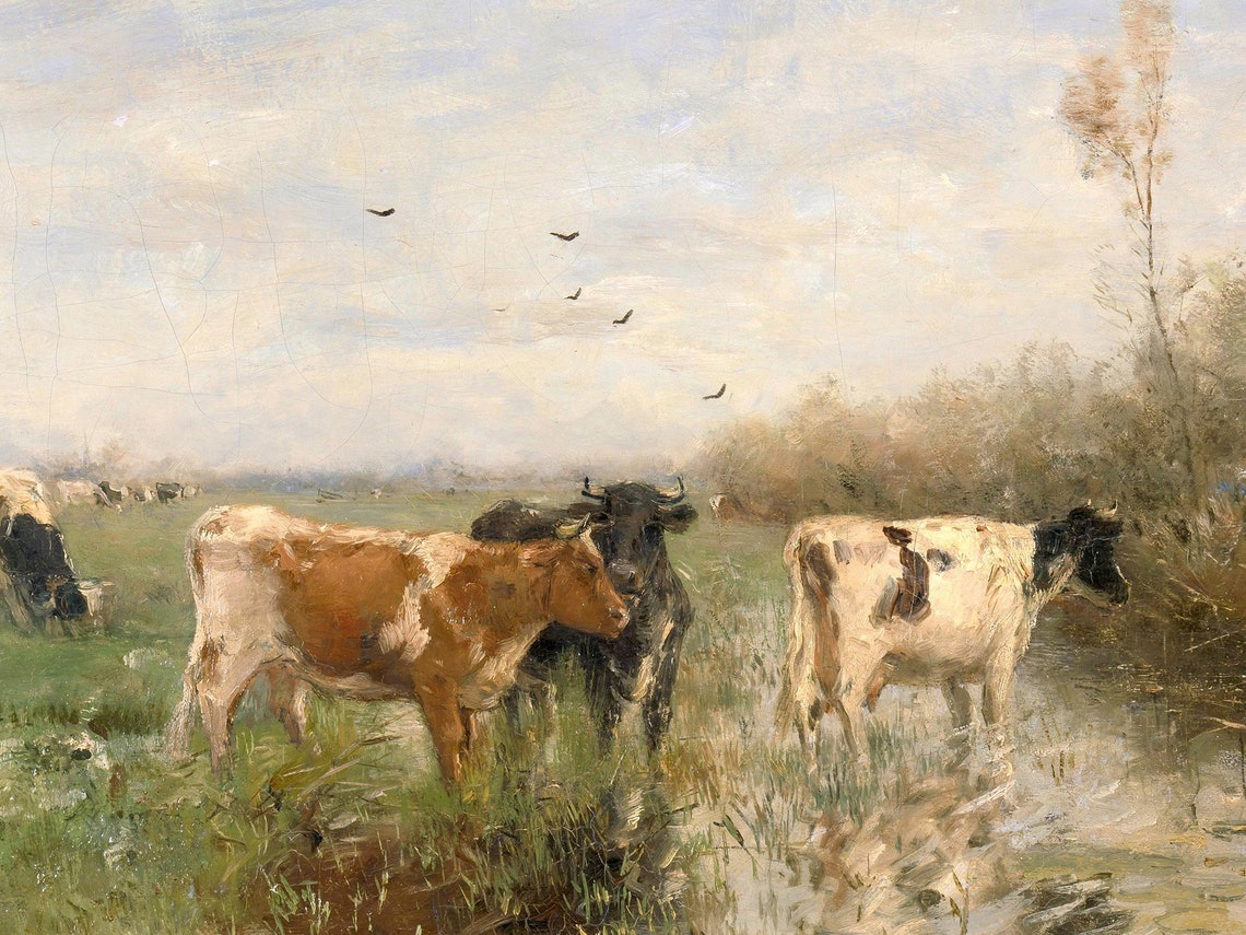 Cows in a Pasture Oil Painting | Farm Landscape Wall Art | Vintage Wall ...