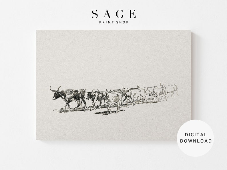 Longhorns Vintage Drawing, Herd of Cattle Sketch, PRINTABLE, 131 - Etsy