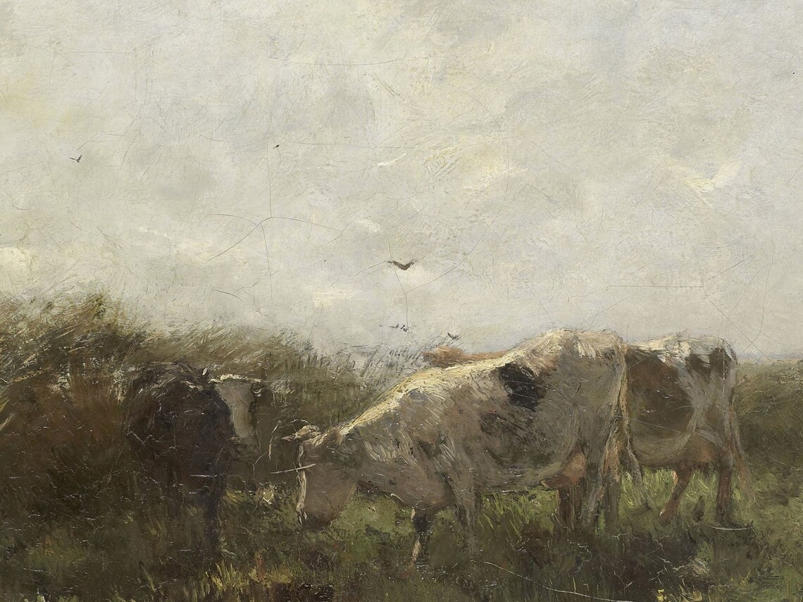 Field With Cows Vintage Oil Painting | Farmhouse Landscape Wall Art ...
