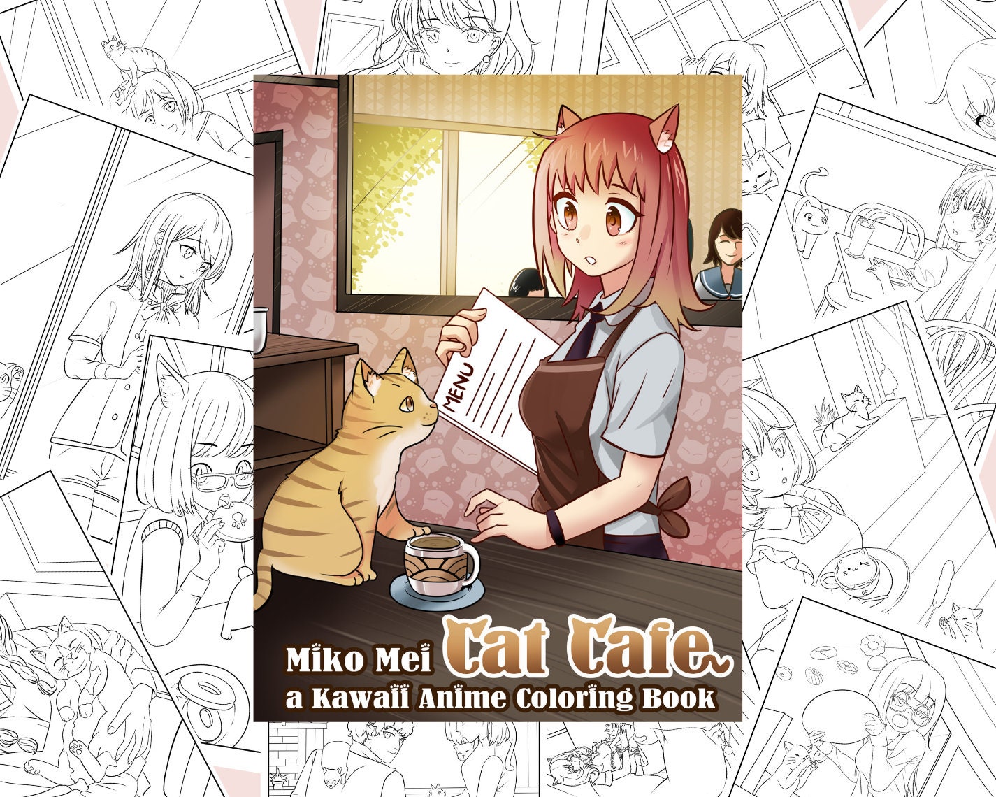 Cat Café - Kawaii Anime Coloring Book for Children and Adults : 30-page ...
