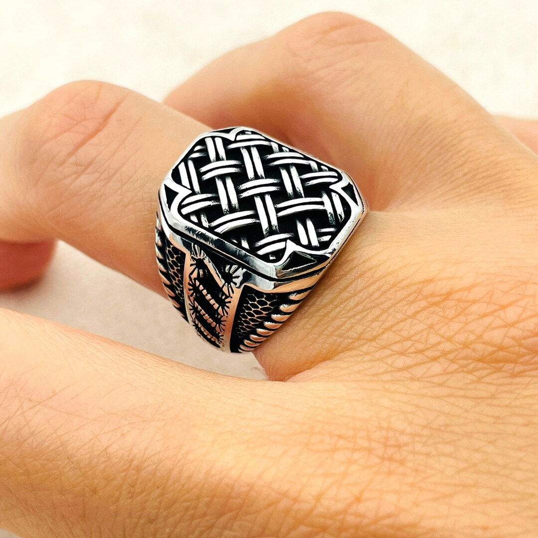 Mens Handmade Silver Ring, Pattern Detailed Ring, Turkish Handmade ...