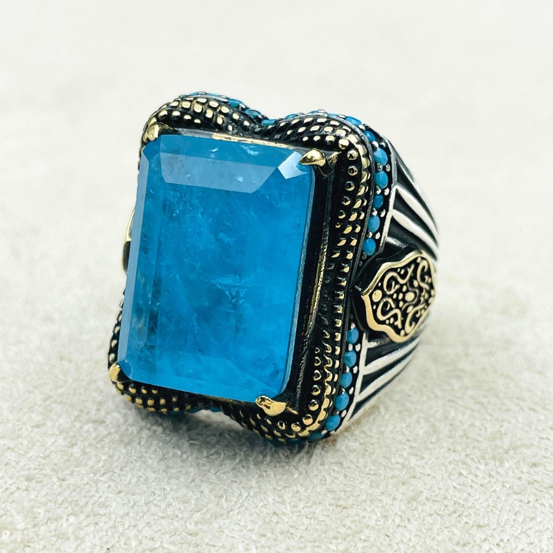 Blue Tourmaline Stone Ring, Handmade Silver Ring, Mens 925 Sterling ...