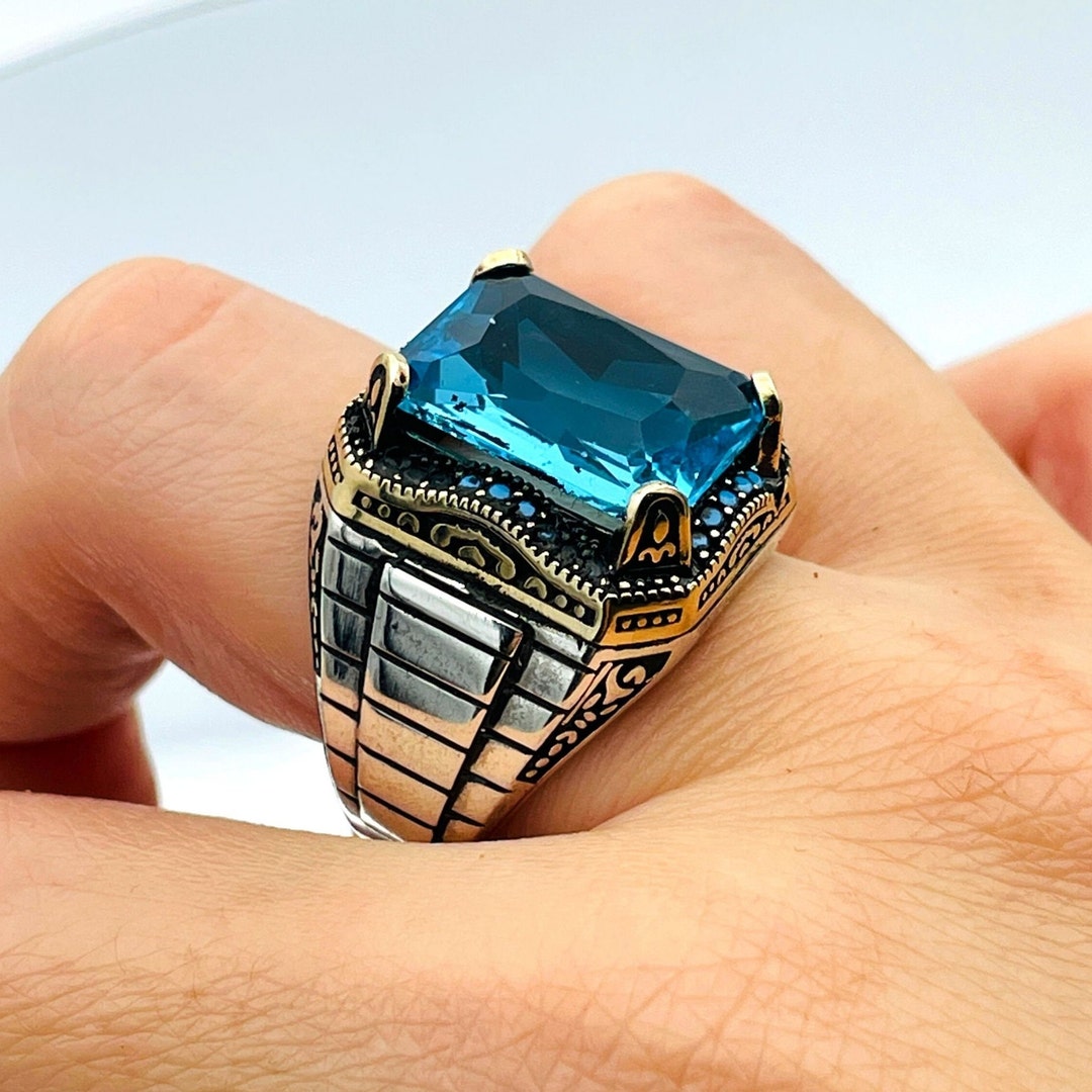 Mens Blue Aquamarine Stone Ring, Turkish Handmade Ring, Ottoman Style ...